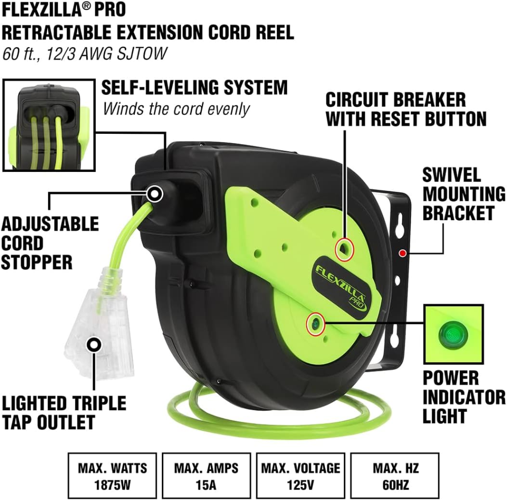 Carrete retráctil Flexzilla ?? con cable de extensión 12/3 AWG de 18 m ...